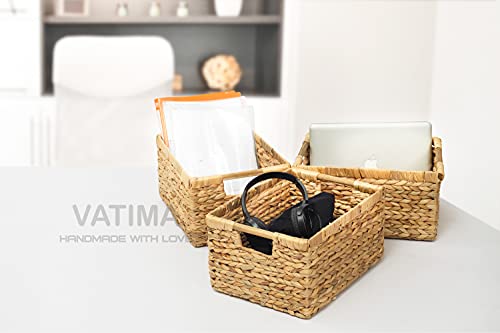 Large Wicker Basket Rectangular with Wooden Handles for Shelves, Water Hyacinth Basket Storage, Natural Baskets for Organizing, Wicker Baskets for Storage 14.5 x 10.3 x 7.5 inches - 3 Pack