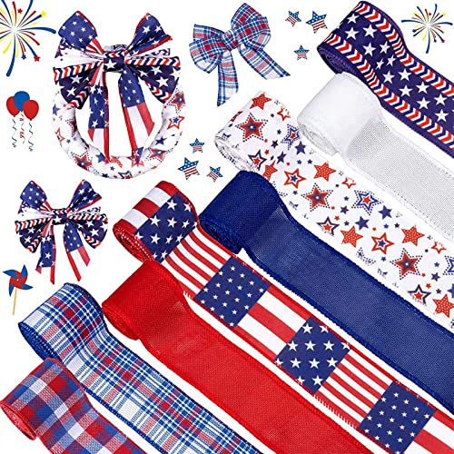 Whaline 8 Roll Independence Day Wired Edge Ribbon Patriotic Star Stripe USA Flag Burlap Ribbon 26 Yard Red Blue White Fabric Ribbon for 4th of July DIY Gift Wrapping Wreath Crafts Decor, 2.5 Inch