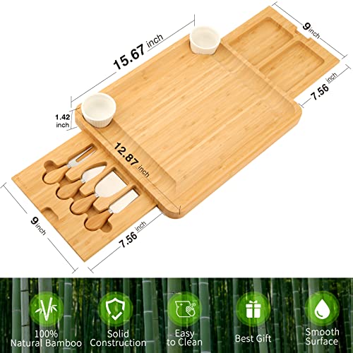 Secura Cheese Board Set, Bamboo Charcuterie Board Meat Platter Serving Tray and Knife Set with 2 Ceramic Bowls, Gift for Mother's Day Easter Thanksgiving Christmas Housewarming Wedding Anniversary
