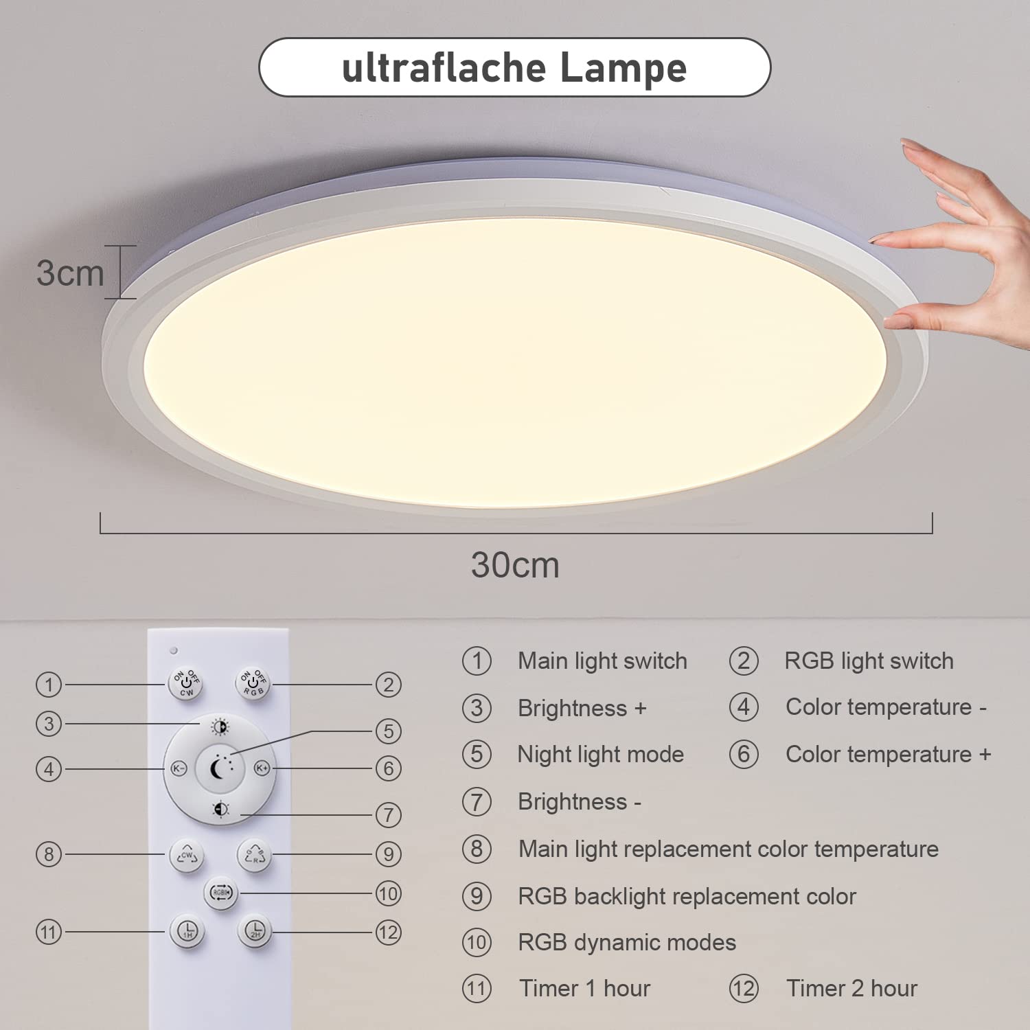 RGB Ceiling Light with Remote Control, 12 Inch Dimmable LED Flush Mount Ceiling Light, 24W RGB Color Changing Ambient Light, Modern Round Ultra-Thin Ceiling Lamp for Bedroom Kid Room Party, White