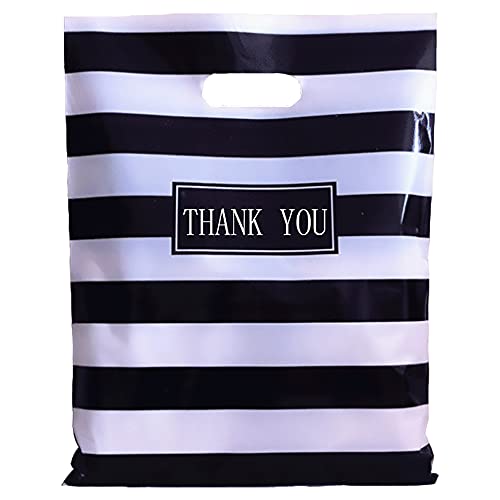 Thank You Merchandise Bags,Daarcin 100pcs 12x16in Shopping Bag,Black and White Stripes Die Cut Plastic Bags with Handle for Boutique,Party,Goodie Bags,Stores,Clothes, Reusable Retail Bags for Bussiness