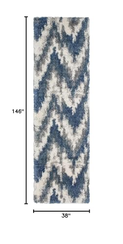 Noori Rug - Premium & Luxury Imported - Lux Emma Machine Made High Pile Ikat - Runner - Blue - Grey - 3'2" x 12'2", Entryway, Kitchen