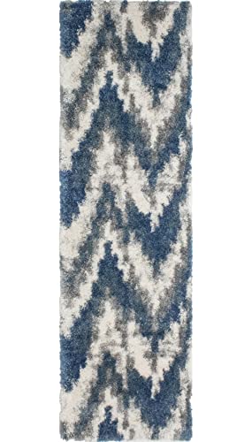 Noori Rug - Premium & Luxury Imported - Lux Emma Machine Made High Pile Ikat - Runner - Blue - Grey - 3'2" x 12'2", Entryway, Kitchen