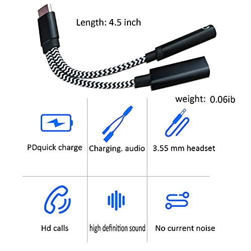 HLDInie USB c to 3.5 Headphone and Charger Adapter Type c Splitter 2-in-1 Aux Audio Jack high Resolution DAC and Fast Charging dongle Cable(Black)