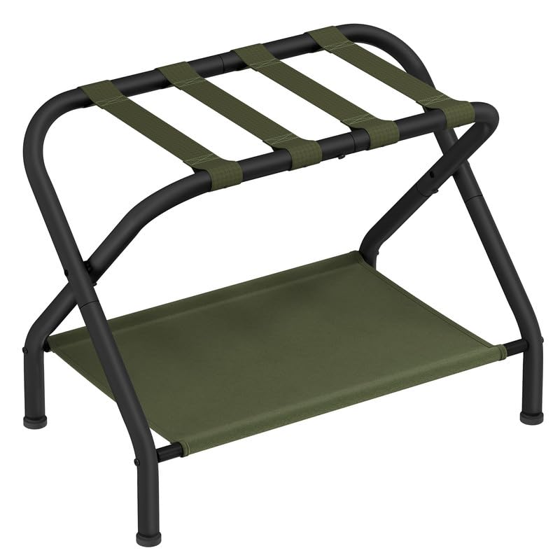 SONGMICS Luggage Rack, Suitcase Stand with Fabric Storage Shelf, for Guest Room, Bedroom, Hotel, Foldable, Holds up to 110 lb, 27.2 x 15 x 20.5 Inches, Forest Green and Black URLR002C01