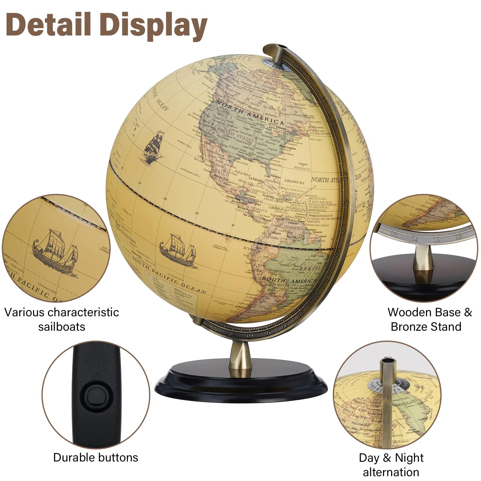 12'' Retro Illuminated World Globe with Wooden Stand, 2-1 Educ & Décor Antique Night Light up Globe Built in LED & HD Printed Map, Antique Illuminated Globe for Adults & Kids, Home Décor, Office
