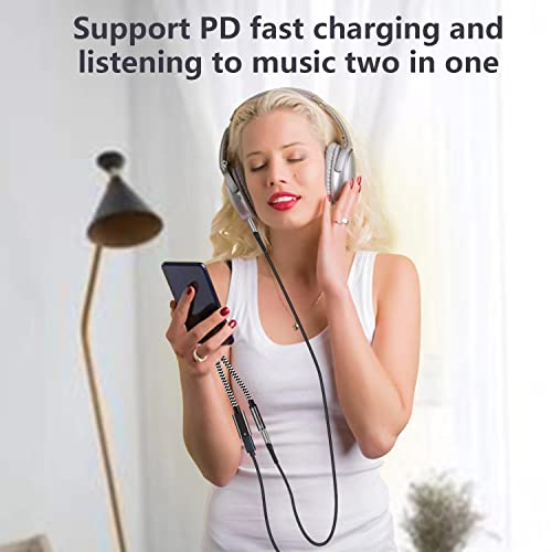 HLDInie USB c to 3.5 Headphone and Charger Adapter Type c Splitter 2-in-1 Aux Audio Jack high Resolution DAC and Fast Charging dongle Cable(Black)