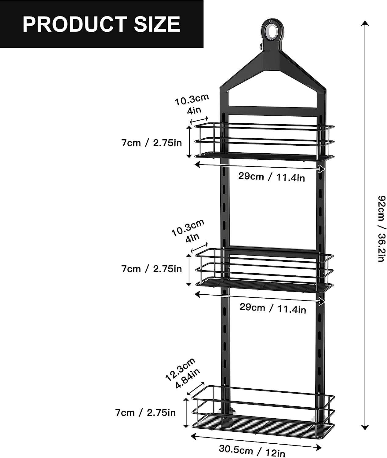 Purdaz Shower Caddy Over Shower Head,Adjustable Hanging Shower Organizer Shelf Shower Storage Rack Basket No Drilling Shower Organizer for Bathroom,Black