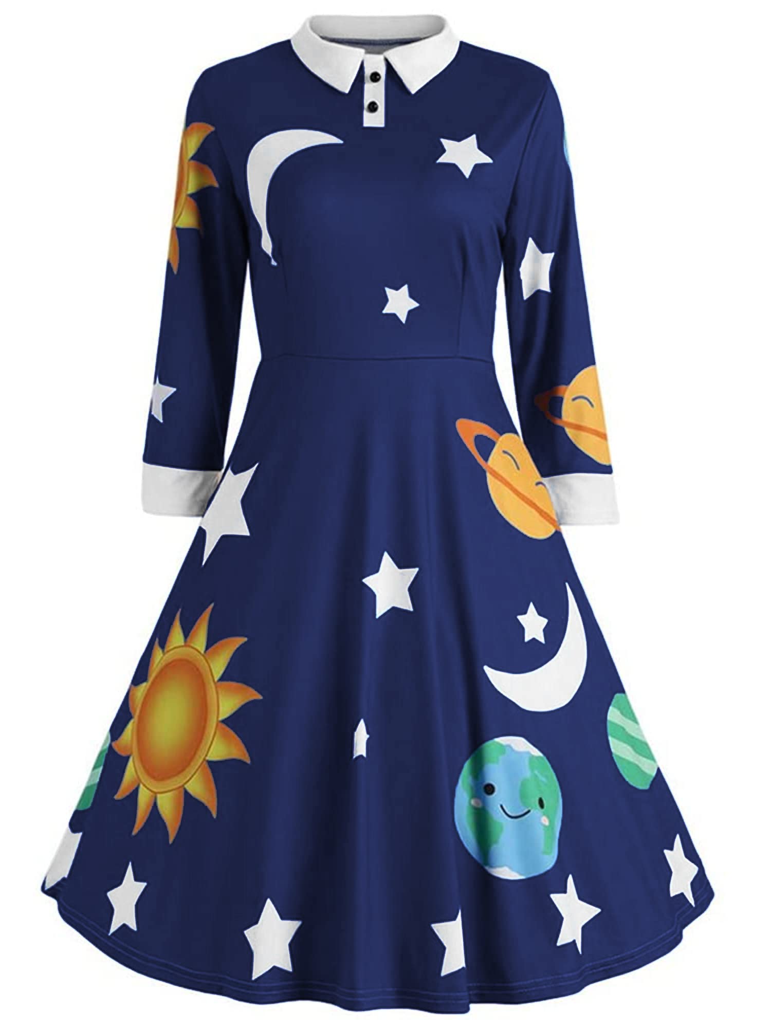 ZEZCLO Women's Long Sleeve Peter Pan Collar A-line Dress Halloween Costume Vintage Solar System Fit and Flare Dresses Dark Blue L