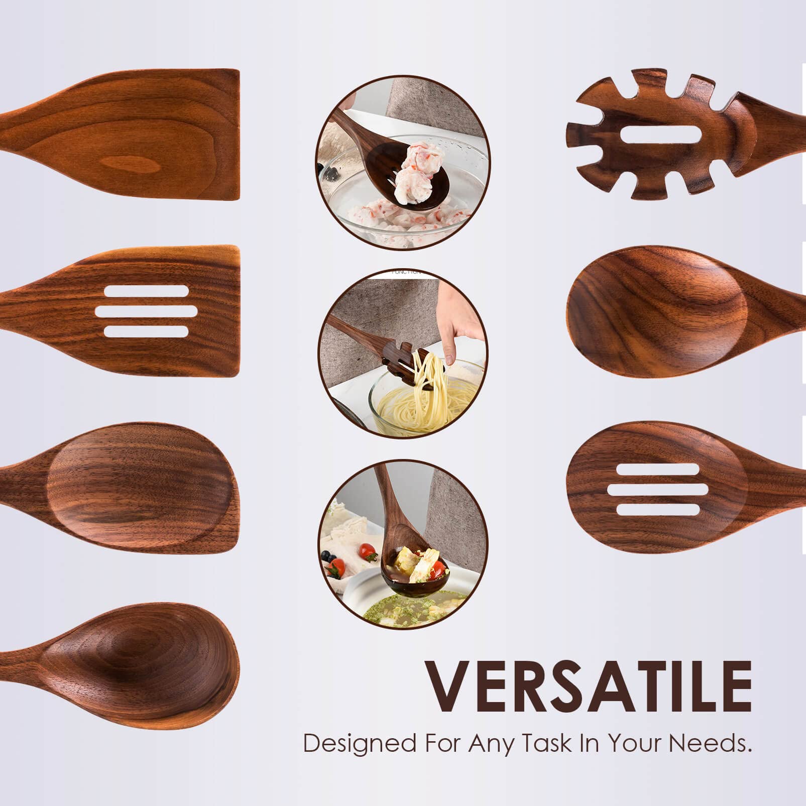 Black Walnut Kitchen Utensils Set - 7 Pcs Dark Wooden Cooking Utensils, 13.6” Long Handle Natural Walnut Wood Flat Spatula, Slotted Turner, Soup Ladle, Skimmer, Pasta Server, Corner Spoons for Cooking