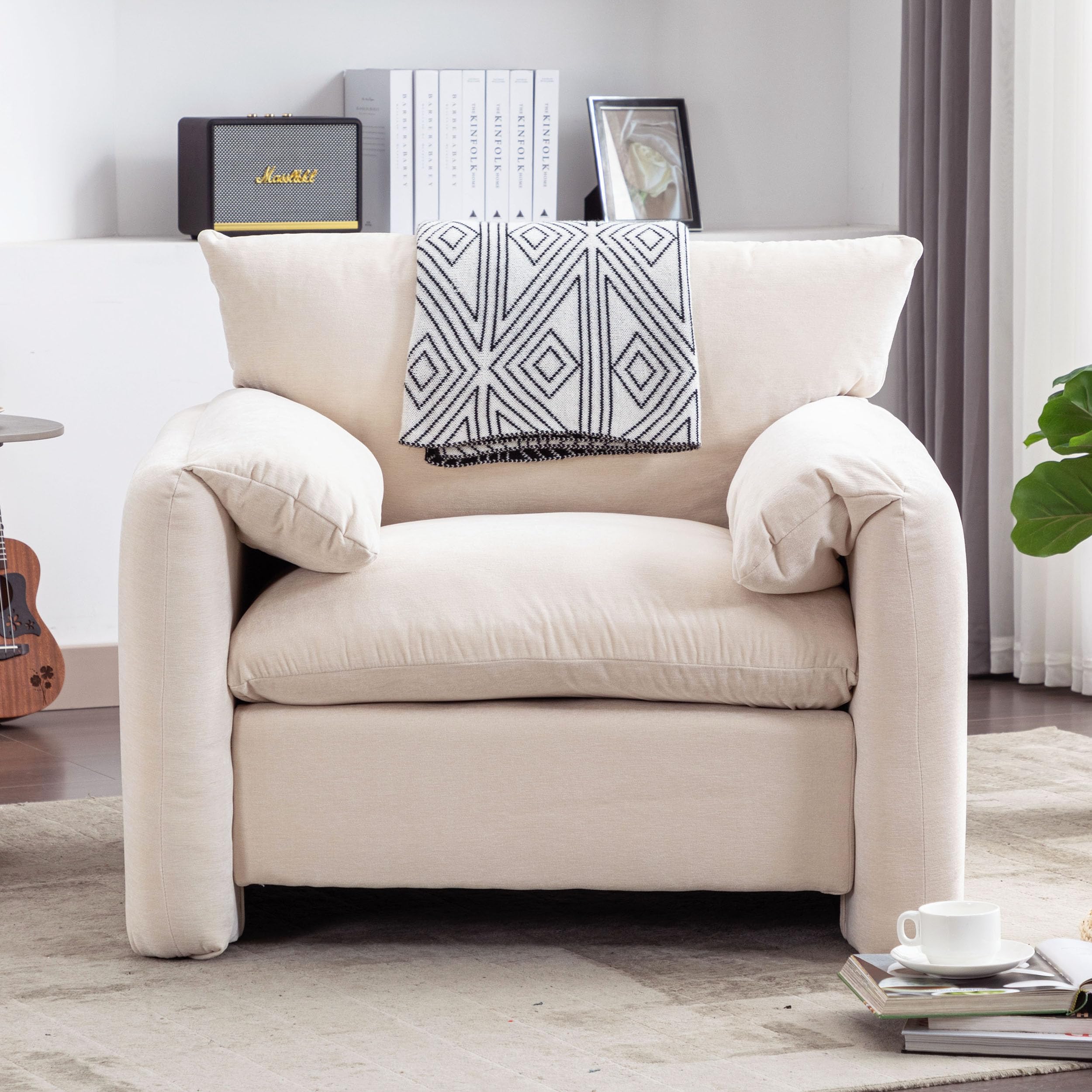 Merax Modern Style Chenille Oversized Armchair, Accent Chair, 38.6’’ W Single Sofa, for Living Room, Bedroom, Cream