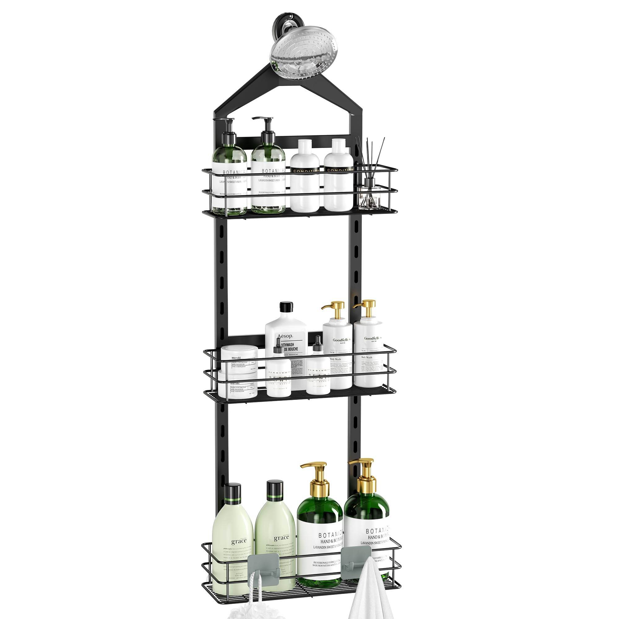 Purdaz Shower Caddy Over Shower Head,Adjustable Hanging Shower Organizer Shelf Shower Storage Rack Basket No Drilling Shower Organizer for Bathroom,Black