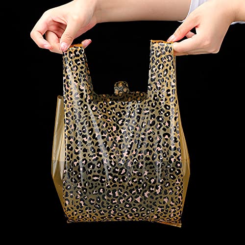 Outus 50 Pieces Leopard Print Plastic T-Shirt Bags Large Leopard Double-Print Treat Bags with Handles for Grocery Shopping Home Using, 5 Mil and 19 x 35 x 12 cm