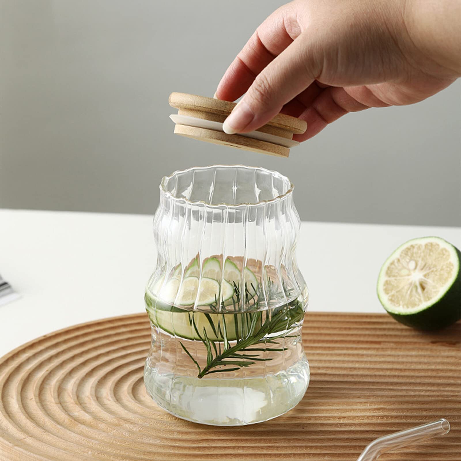 MISNODE 4 PCS Drinking Glasses with Wood Lids and Glass Straw, 16.9 oz Glass Cups Beer Can Glass Ice Coffee Cup Creative Tumbler with Lid and Straw for Home Office Bar Restaurant