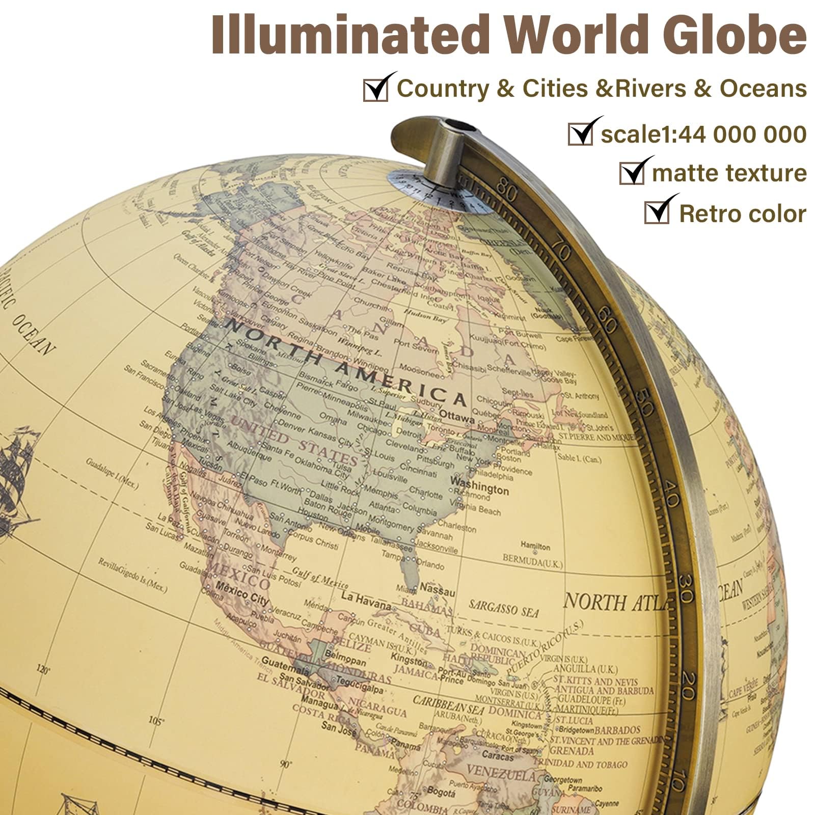 12'' Retro Illuminated World Globe with Wooden Stand, 2-1 Educ & Décor Antique Night Light up Globe Built in LED & HD Printed Map, Antique Illuminated Globe for Adults & Kids, Home Décor, Office
