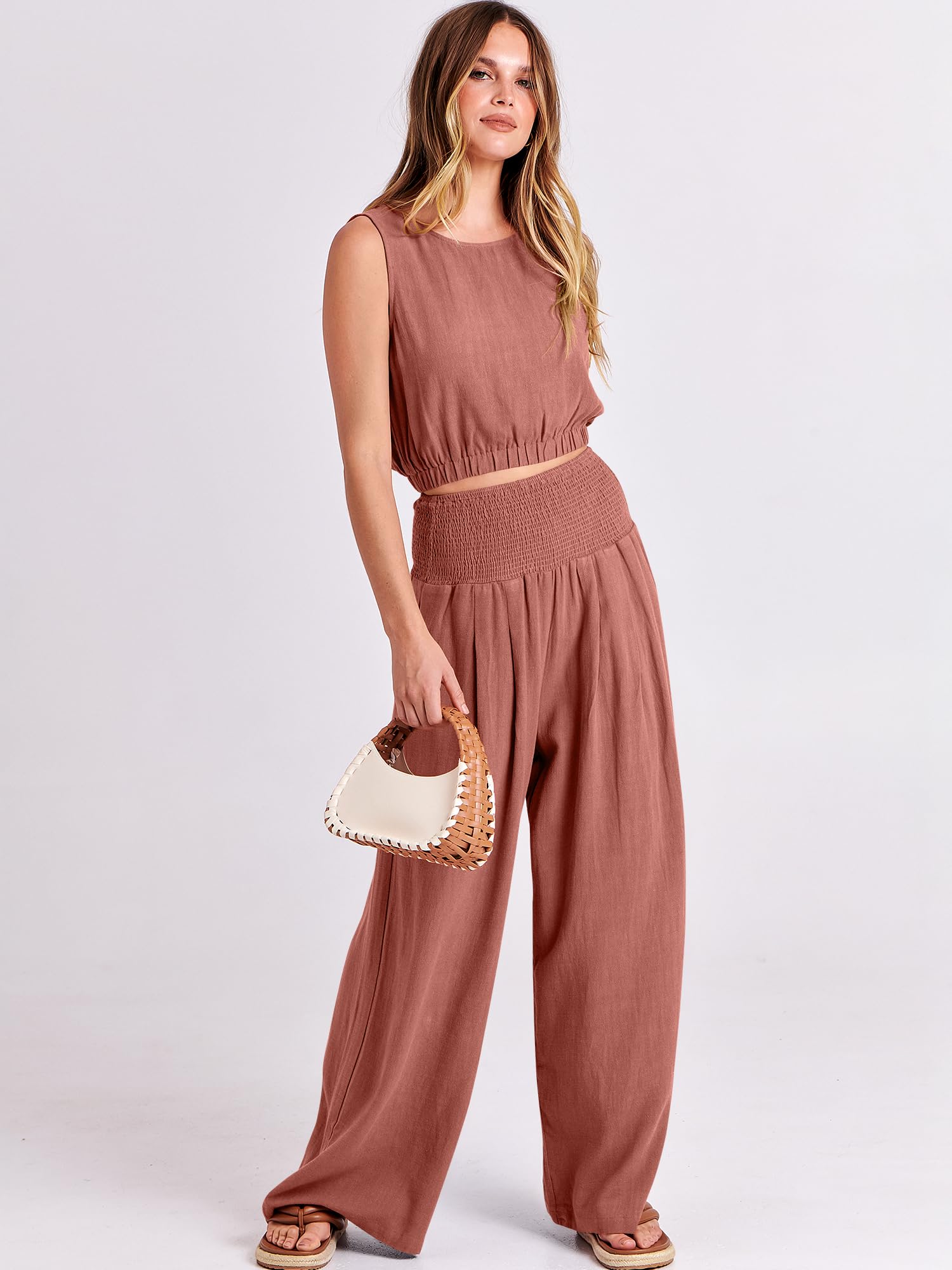 ANRABESS Women's 2 Piece Linen Lounge Set Casual Matching Pants Jumpsuit Summer Beach Travel Vacation Trendy Outfits X-Large