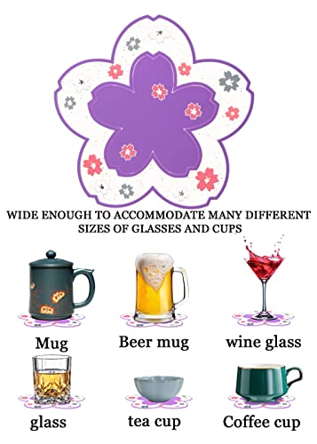 Conisy Flower Coasters for Drinks,6 Pcs Cute Non-Slip Washable Reusable Heat Resistant Silicone Coasters (Sakura,Purple & White)