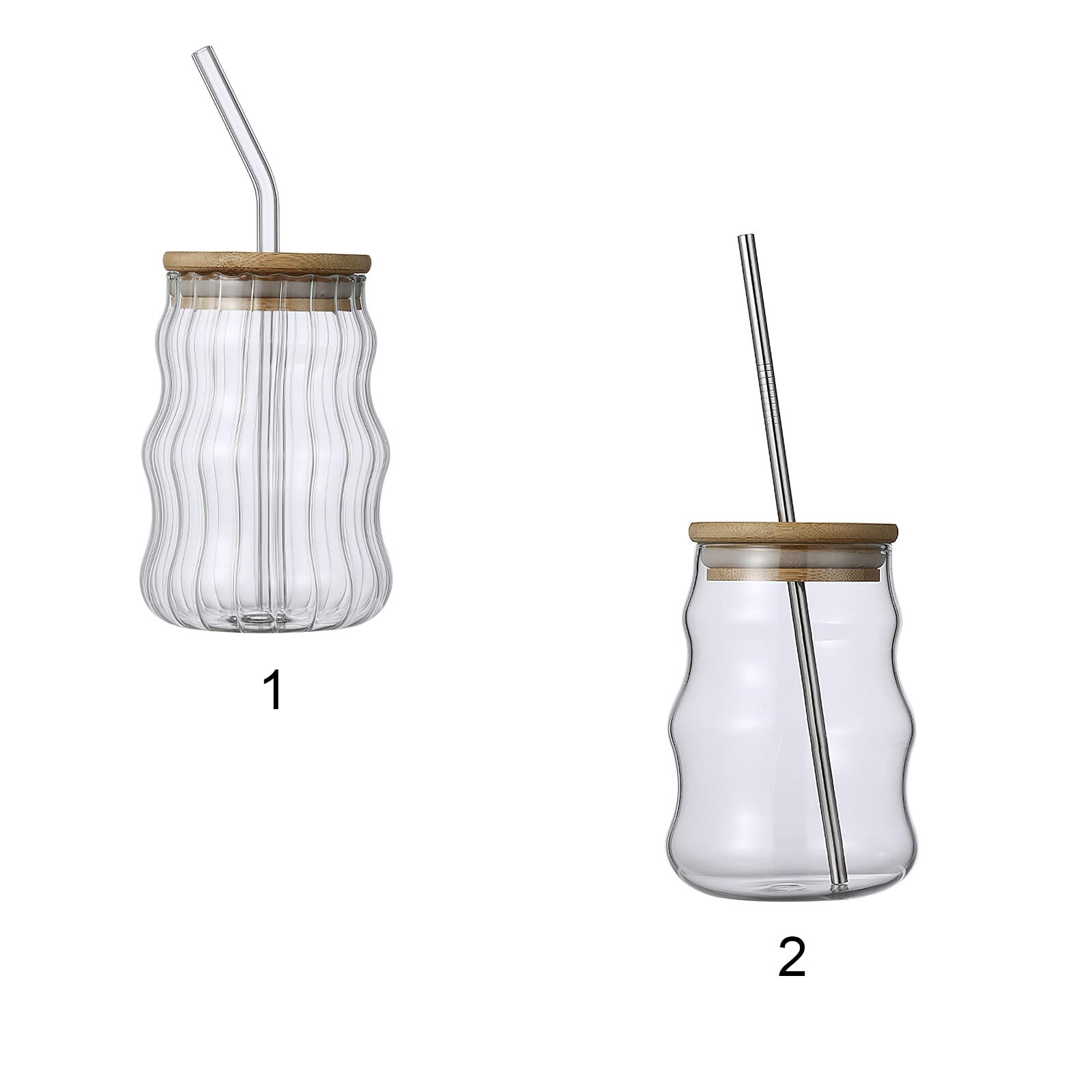 MISNODE 4 PCS Drinking Glasses with Wood Lids and Glass Straw, 16.9 oz Glass Cups Beer Can Glass Ice Coffee Cup Creative Tumbler with Lid and Straw for Home Office Bar Restaurant