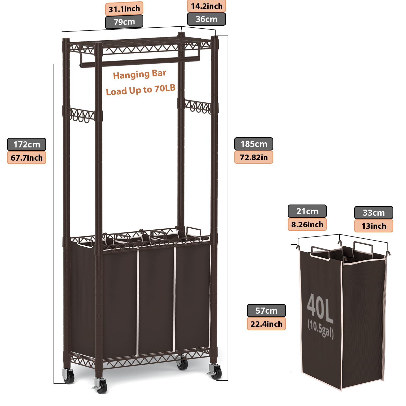 Hodonas Laundry Sorter 3 Section with Hanging Bar, Rolling Laundry Hamper Cart 3-Bag Laundry Basket Organizer Sorter with Hanging Rack Lockable Wheels and Removable Bags for Clothes Storage, Espresso