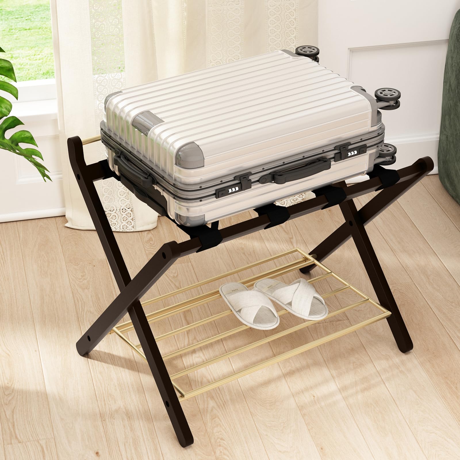 HLR Bamboo Luggage Rack for Guest Room, Folding Suitcase Stand with Metal Shelf&Back, Heavy Duty Luggage Holder for Bedroom, Living Room, Hotel, Espresso and Gold