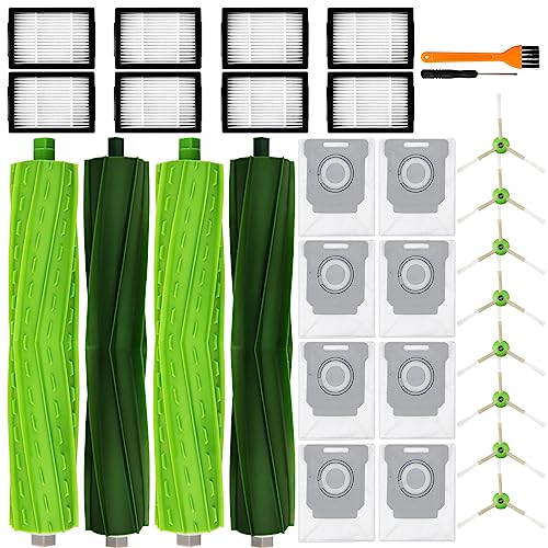 26 Pack Replacement Parts for iRobot Roomba E/i/j Series, E5 E6 E7 i2 i3 i3+i4 i4+ i6 i6+ i7 i7+ i8 i8+/Plus, 2 sets of multi-surface rubber roller brush 8 filters 8 side brushes 8 bags