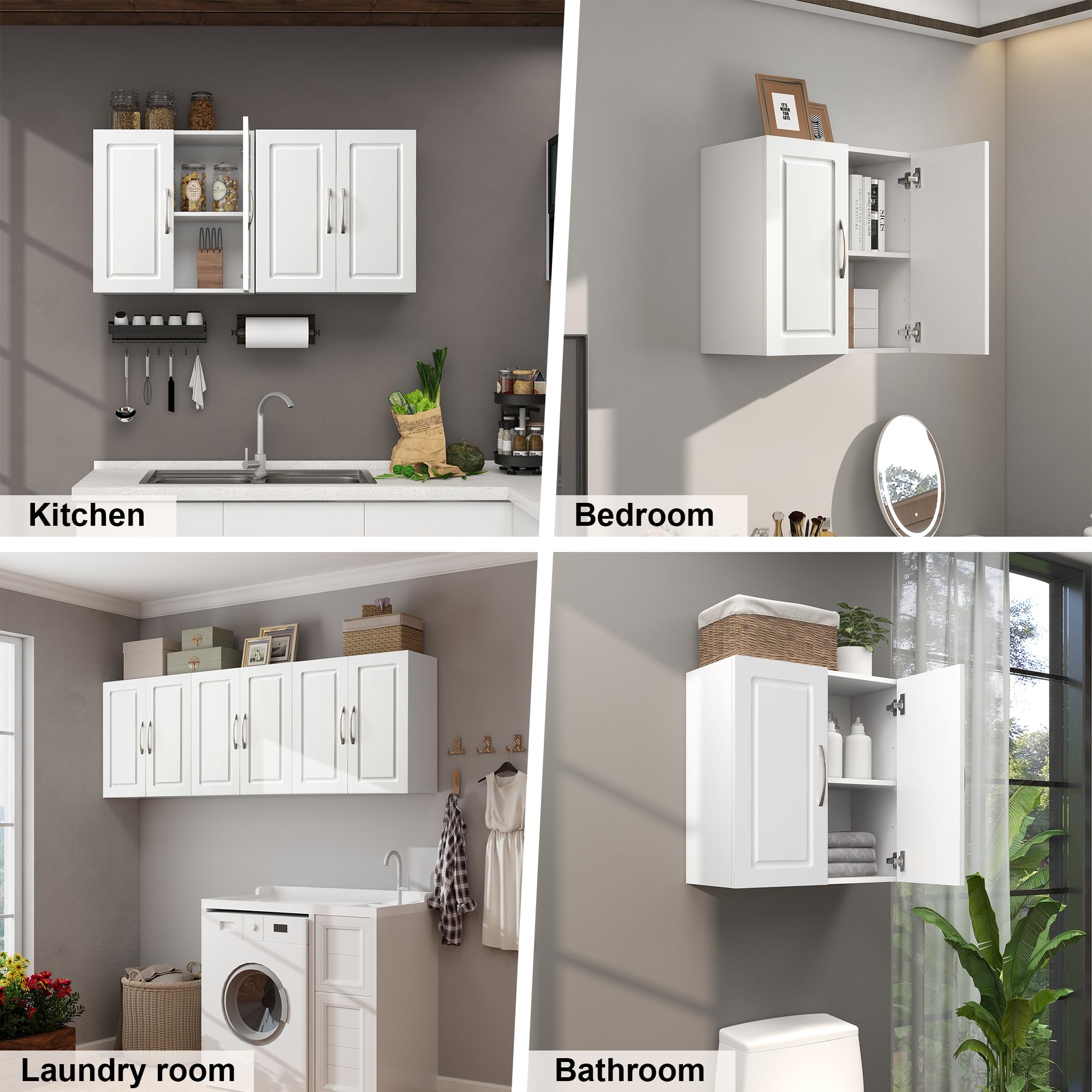VANIRROR White Storage Cabinets, Bathroom Wall Cabinet Laundry Room Cupboard Over Toilet Space Storage Cabinet, Medicine Cabinet for Bathroom Kitchen with 2 Door and Adjustable Shelf