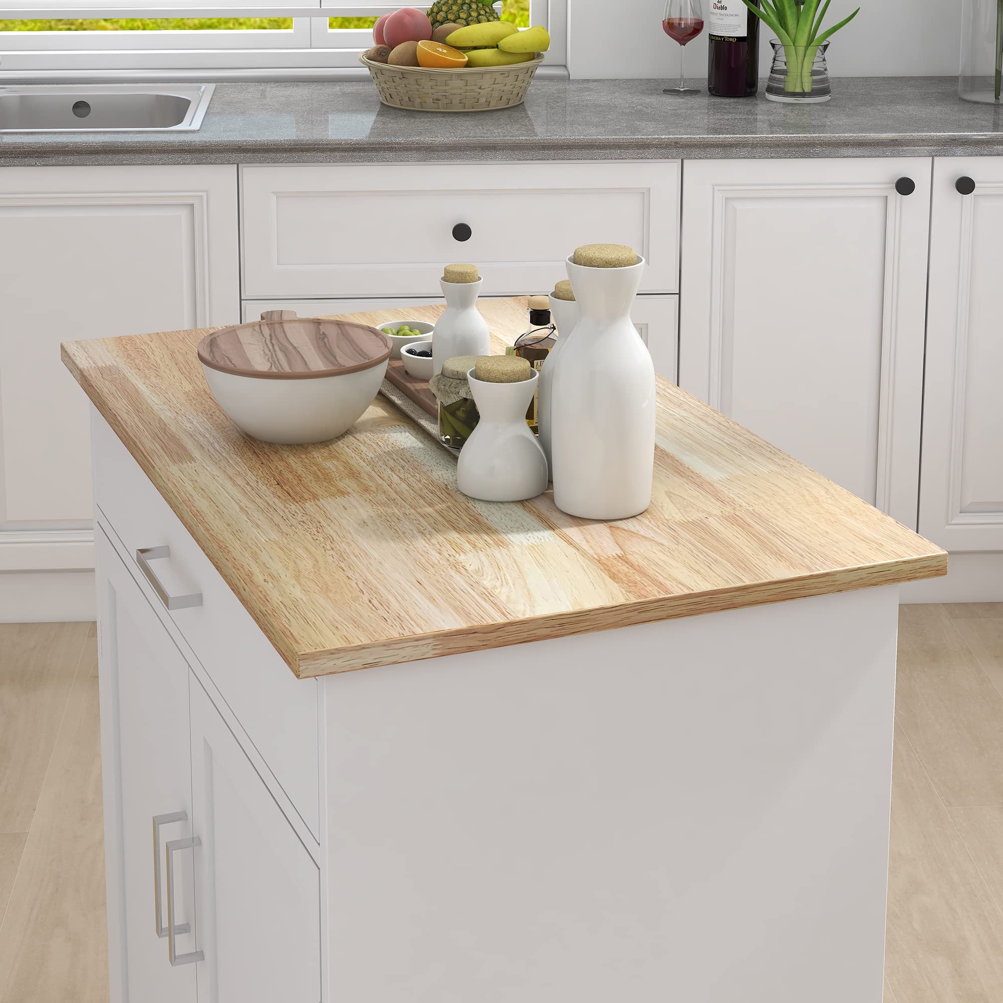 RASOO Kitchen Island on Wheels White Rolling Trolley Cart Island Cart Storage Cabinet with Rubber Solid Wood Countertop One Drawer and 2 Doors Towel Rack, 32.68"x17.72"x36.02"(LxWxH)