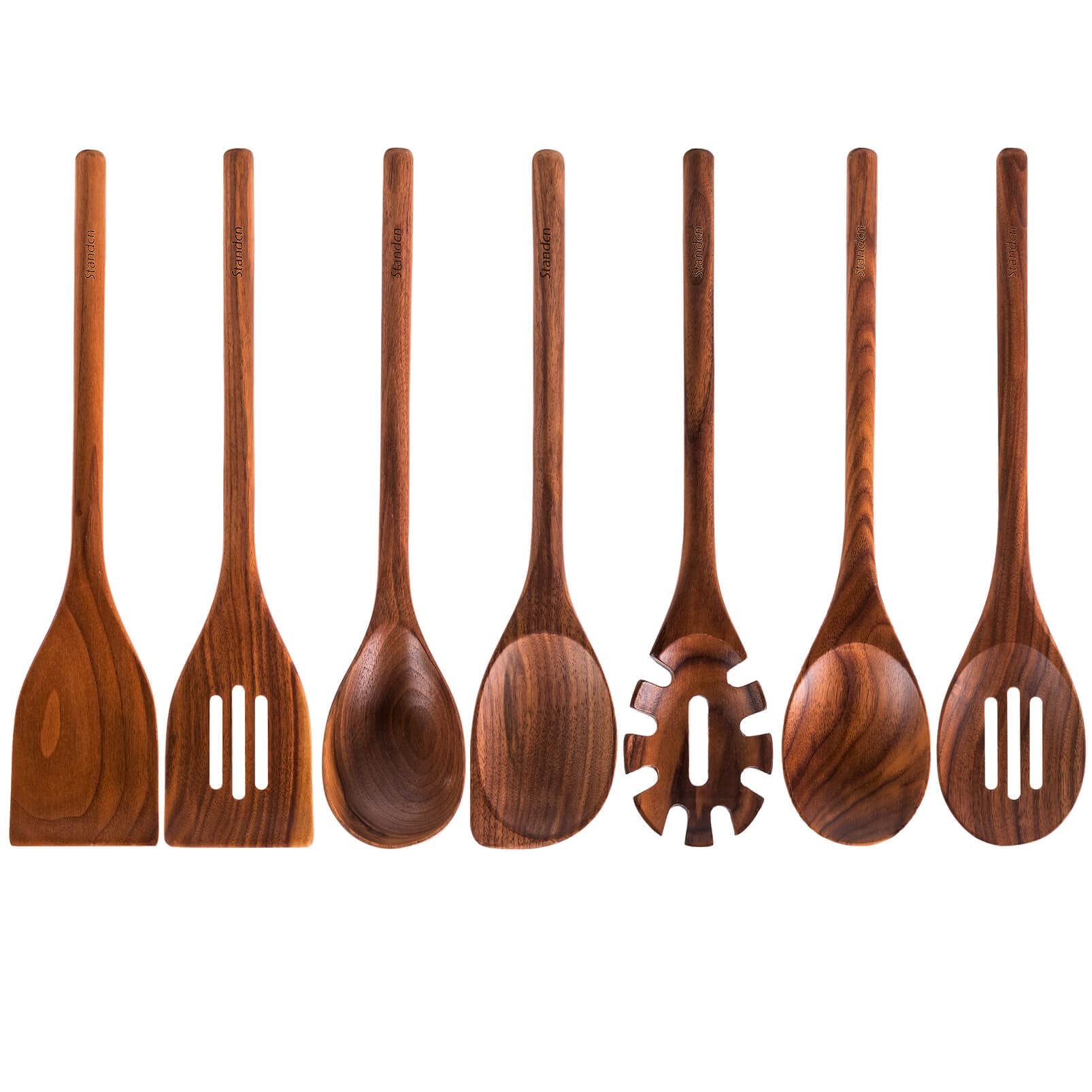 Black Walnut Kitchen Utensils Set - 7 Pcs Dark Wooden Cooking Utensils, 13.6” Long Handle Natural Walnut Wood Flat Spatula, Slotted Turner, Soup Ladle, Skimmer, Pasta Server, Corner Spoons for Cooking