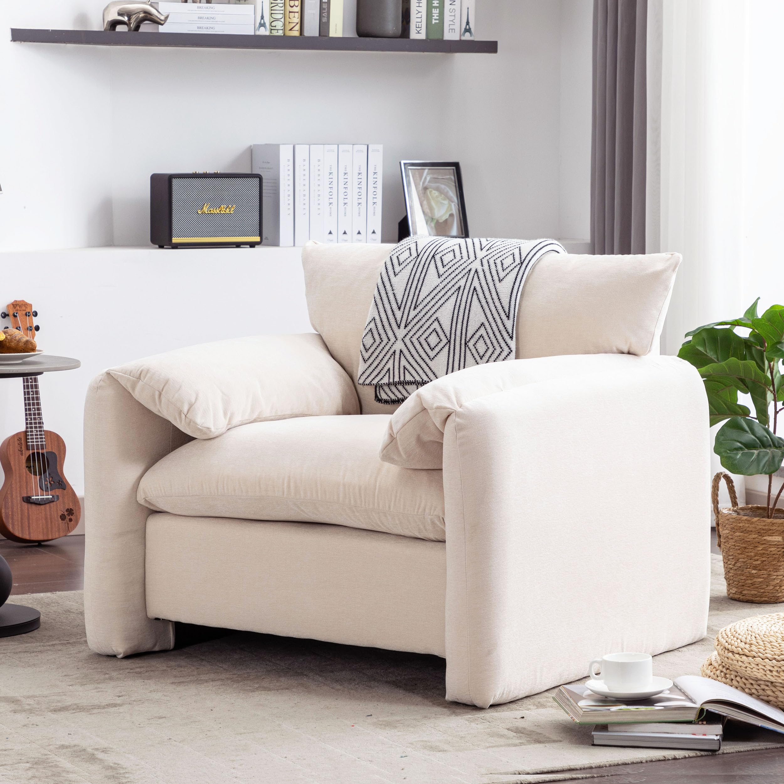 Merax Modern Style Chenille Oversized Armchair, Accent Chair, 38.6’’ W Single Sofa, for Living Room, Bedroom, Cream