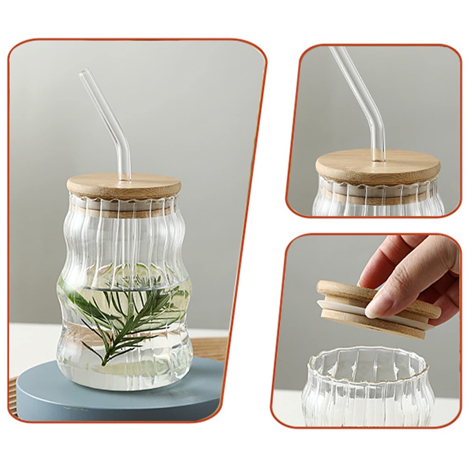 MISNODE 4 PCS Drinking Glasses with Wood Lids and Glass Straw, 16.9 oz Glass Cups Beer Can Glass Ice Coffee Cup Creative Tumbler with Lid and Straw for Home Office Bar Restaurant