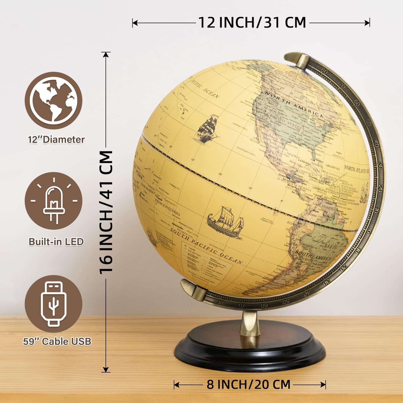 12'' Retro Illuminated World Globe with Wooden Stand, 2-1 Educ & Décor Antique Night Light up Globe Built in LED & HD Printed Map, Antique Illuminated Globe for Adults & Kids, Home Décor, Office