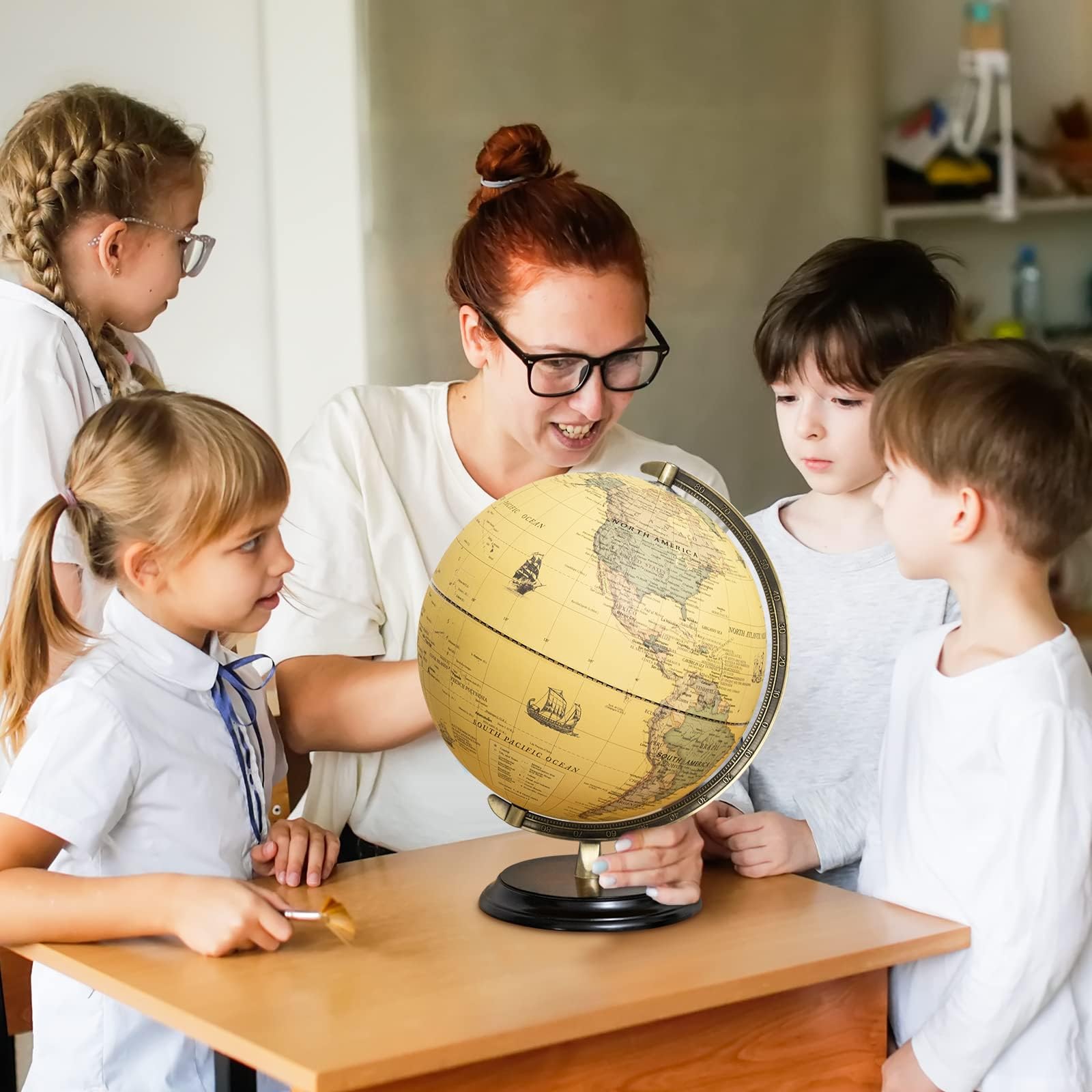 12'' Retro Illuminated World Globe with Wooden Stand, 2-1 Educ & Décor Antique Night Light up Globe Built in LED & HD Printed Map, Antique Illuminated Globe for Adults & Kids, Home Décor, Office