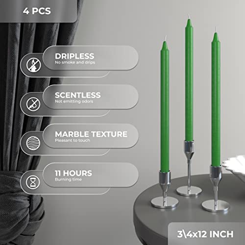 CANDWAX Green Taper Candles Pack of 4 - Straight Candles 12 inch Ideal as Unscented Candles, Dinner Candles and Table Candles - Slow Burning Candles Dripless - Smokeless Long Candlesticks