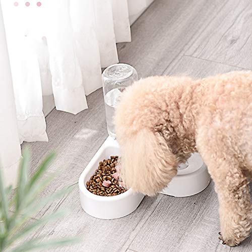 Creative Corner Shape Pet Feeder Bowl Plastic Double Bowls with 500ml Automatic Water Dispenser Bottle Anti- Slid Feeder Household Pet Supplies ( White )