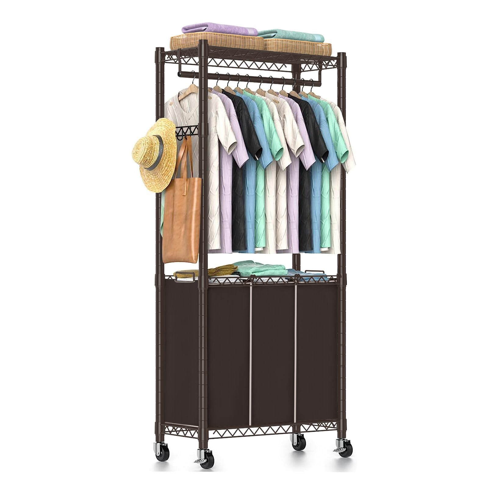 Hodonas Laundry Sorter 3 Section with Hanging Bar, Rolling Laundry Hamper Cart 3-Bag Laundry Basket Organizer Sorter with Hanging Rack Lockable Wheels and Removable Bags for Clothes Storage, Espresso