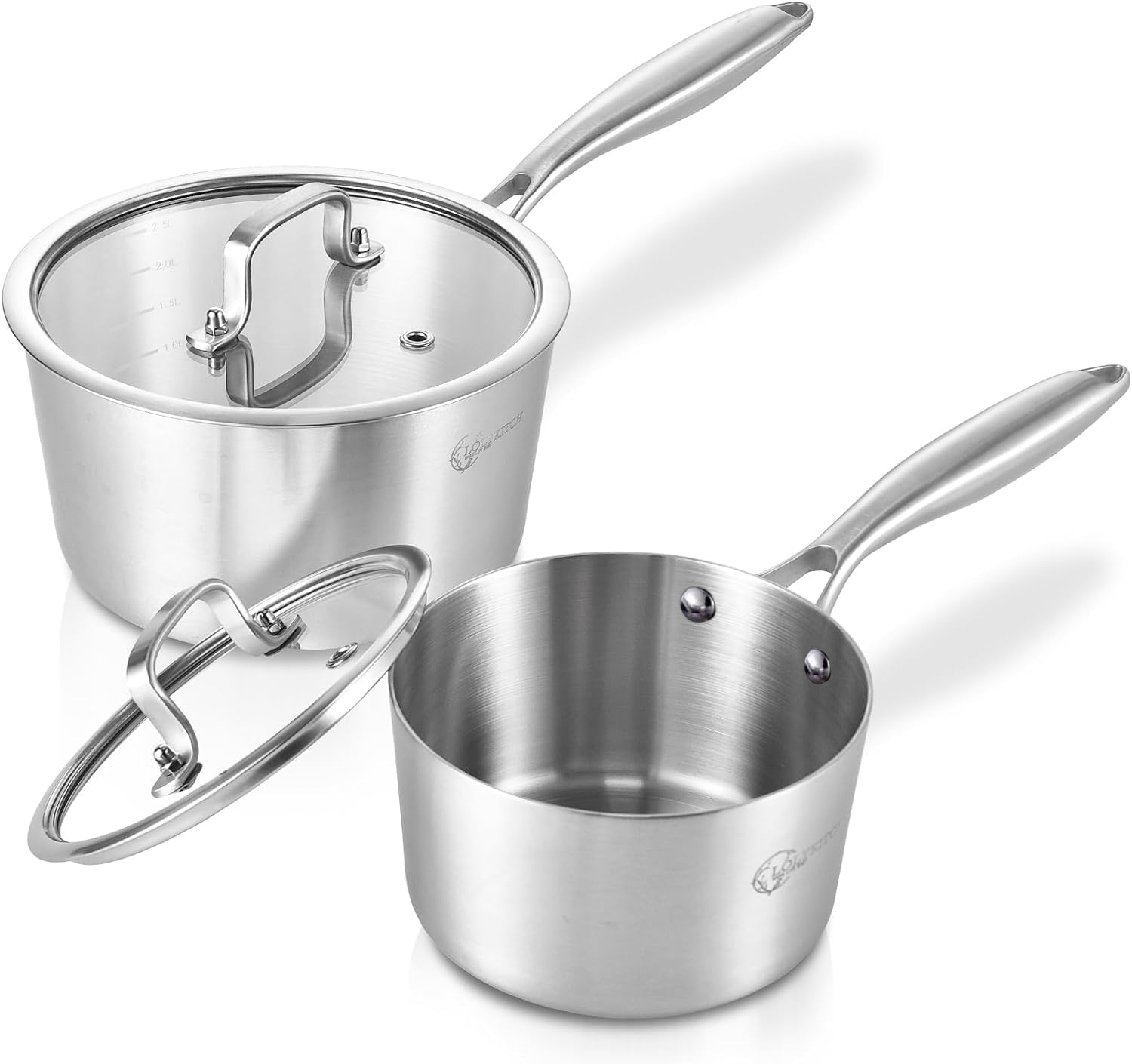 LOLYKITCH Whole Body Tri-Ply Stainless Steel Saucepan Set of 2,1QT & 3QT,Induction Pots,Saucepans with Lids,Oven and Dishwasher Safe.