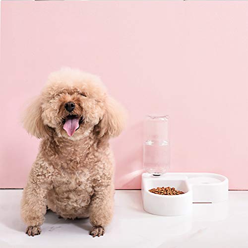 Creative Corner Shape Pet Feeder Bowl Plastic Double Bowls with 500ml Automatic Water Dispenser Bottle Anti- Slid Feeder Household Pet Supplies ( White )