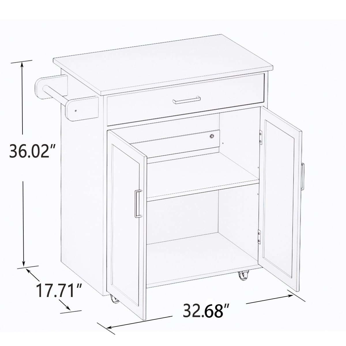 RASOO Kitchen Island on Wheels White Rolling Trolley Cart Island Cart Storage Cabinet with Rubber Solid Wood Countertop One Drawer and 2 Doors Towel Rack, 32.68"x17.72"x36.02"(LxWxH)