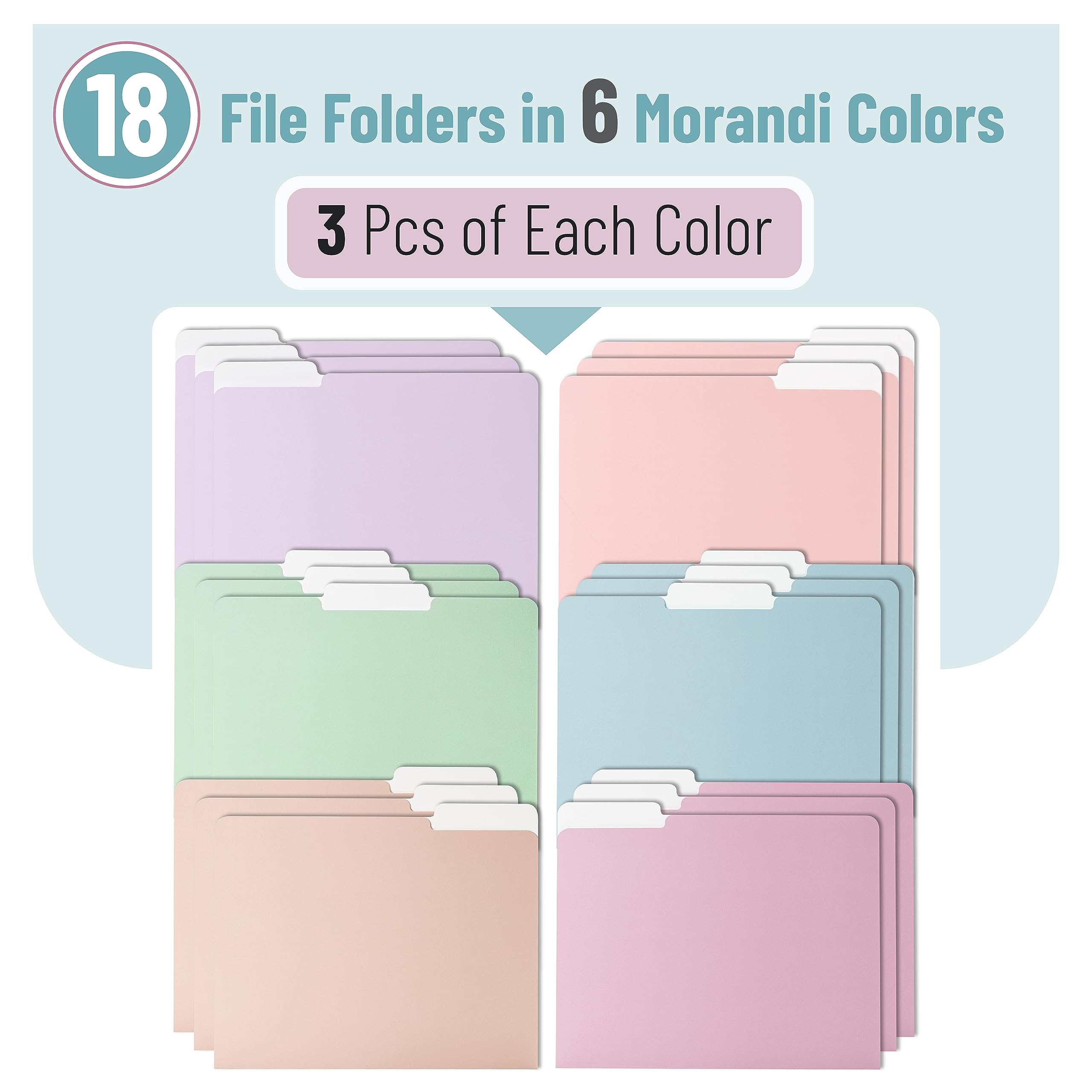 Mr. Pen File Folders, 18 Pack, Morandi Colors, 1/3-Cut Tab, Letter Size, Durable Paper Folders, Office Supplies