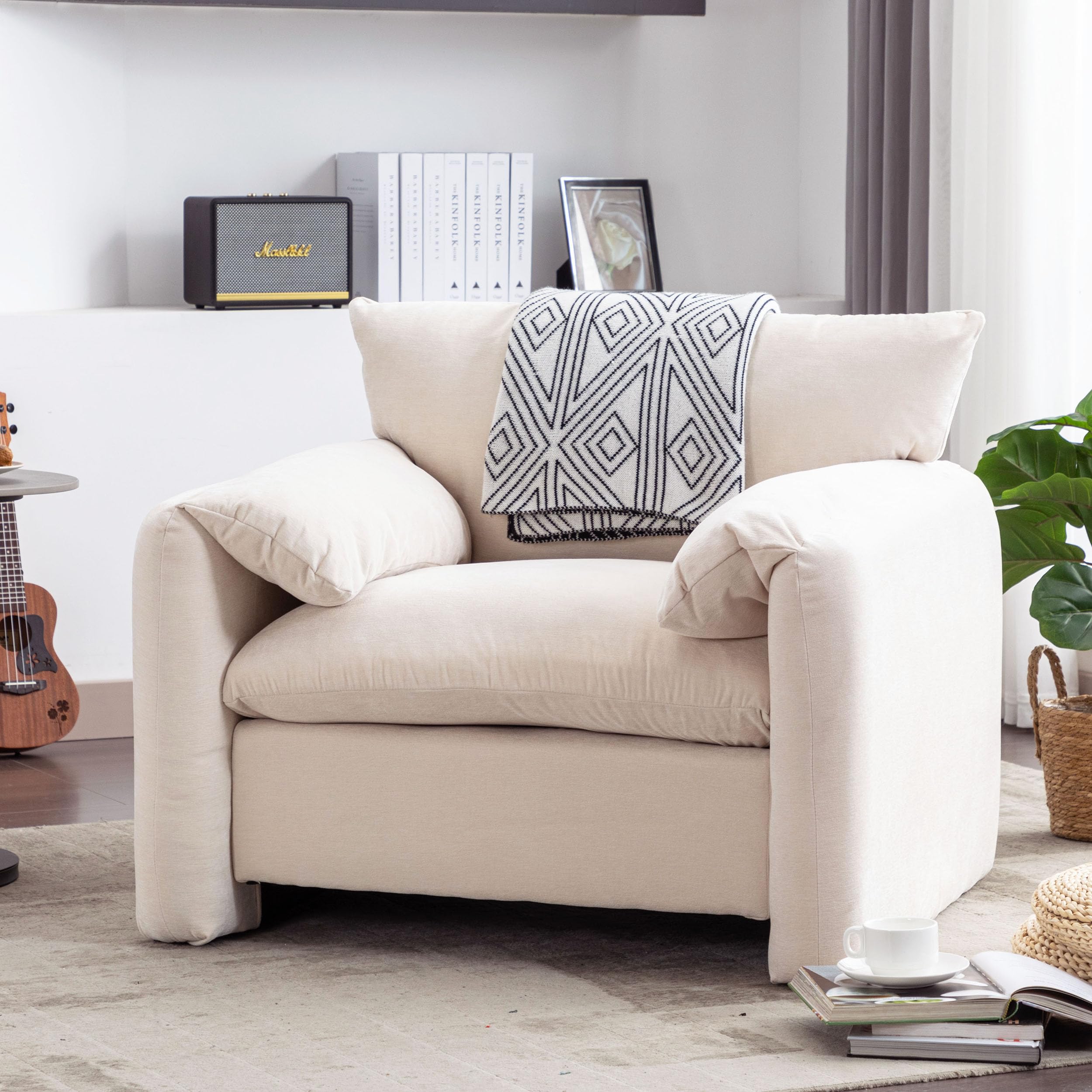 Merax Modern Style Chenille Oversized Armchair, Accent Chair, 38.6’’ W Single Sofa, for Living Room, Bedroom, Cream