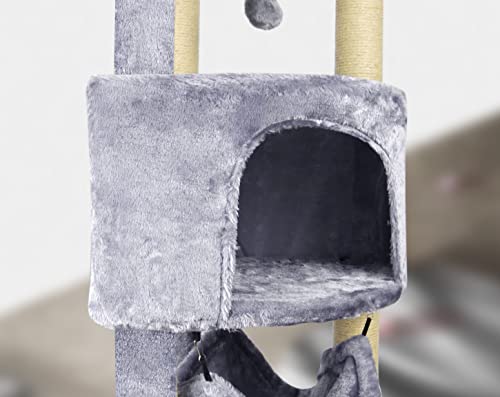 HUITREE Cat Tree with Scratching Post and Hanging Bed,Grey