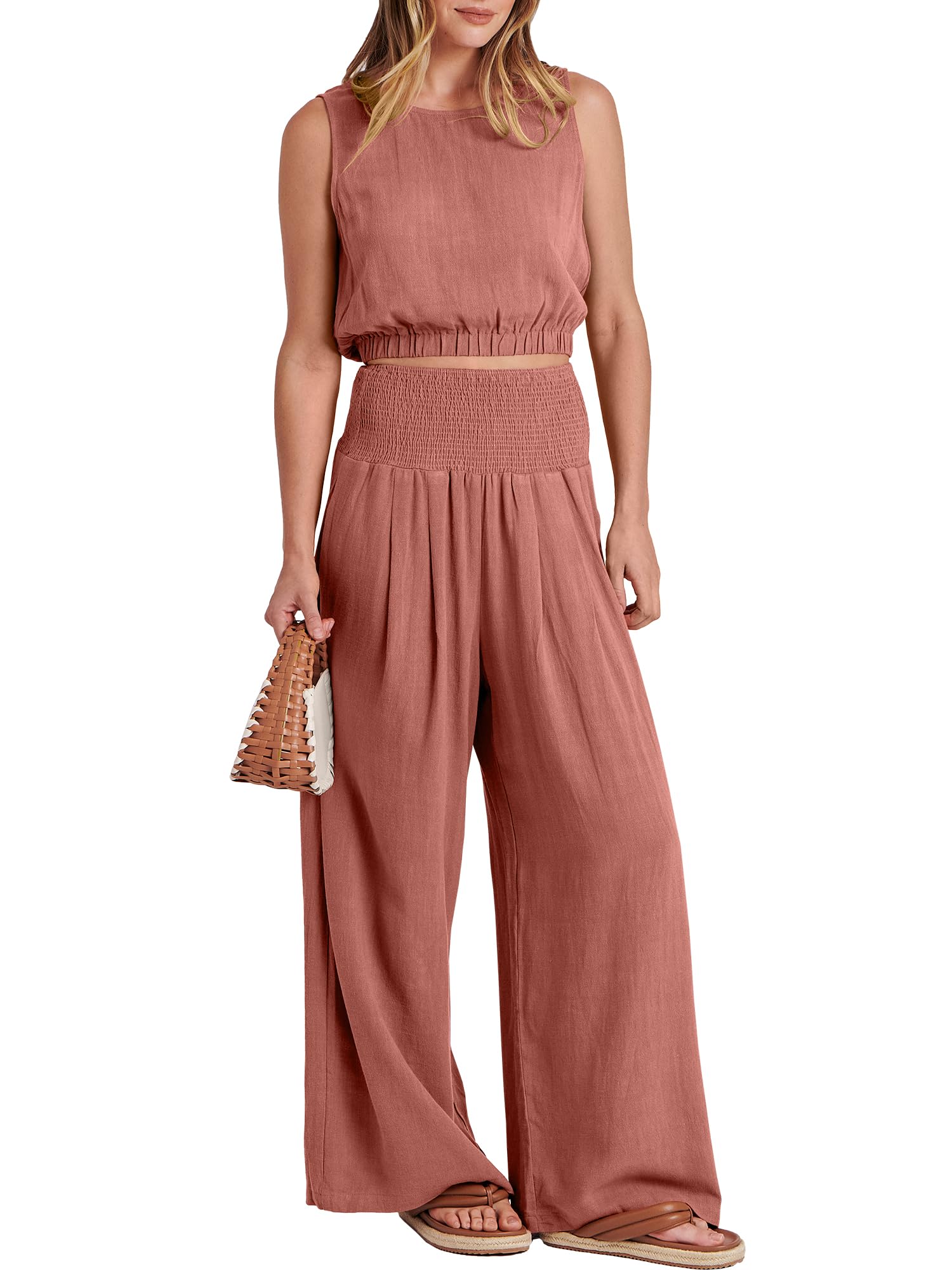 ANRABESS Women's 2 Piece Linen Lounge Set Casual Matching Pants Jumpsuit Summer Beach Travel Vacation Trendy Outfits X-Large