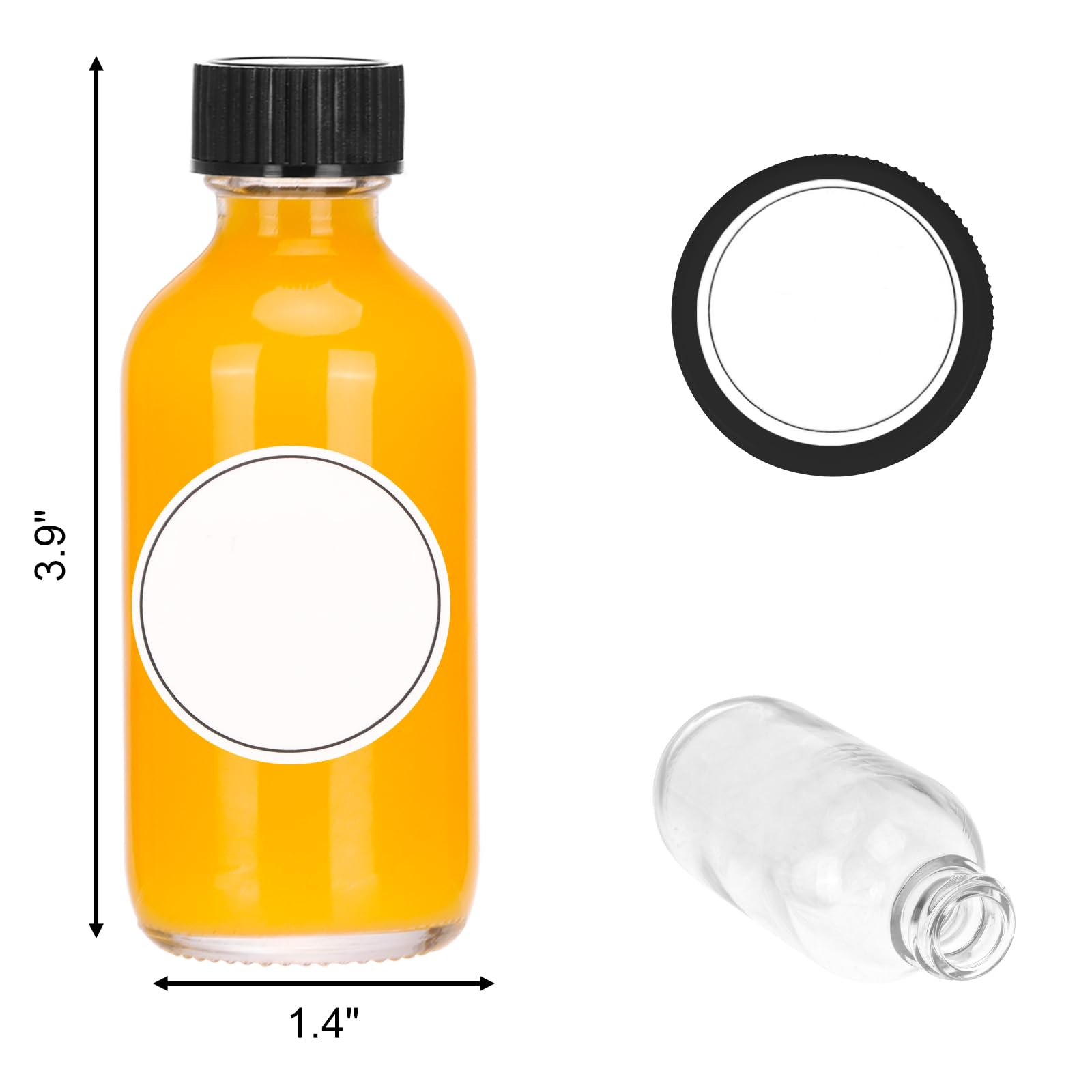 CUCUMI 8pcs Glass Bottles with Caps, 2oz Small Glass Juice Bottles, Shot Bottles with Caps, Small Glass Jars with Lids, Funnels, Waterproof Stickers and Brush