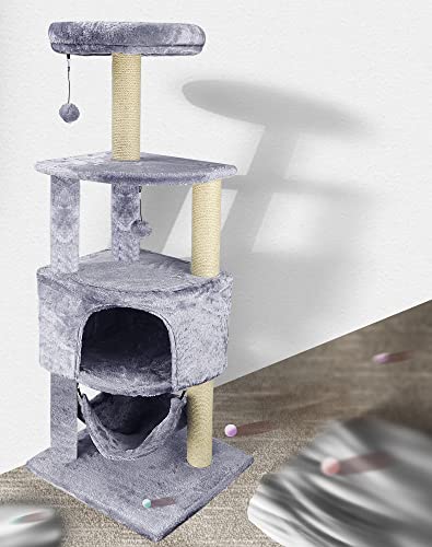 HUITREE Cat Tree with Scratching Post and Hanging Bed,Grey