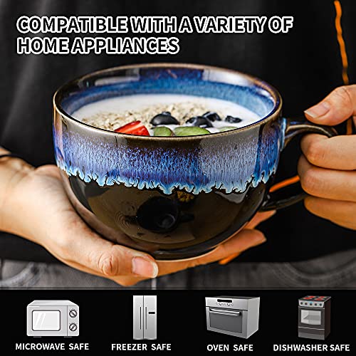 KOOV Ceramic Soup Mug, Soup Bowls with Handles Microwave Safe, 24 Ounce Jumbo Mug and Cereal Mugs Set of 4, Reactive Glaze (Nebula Blue)