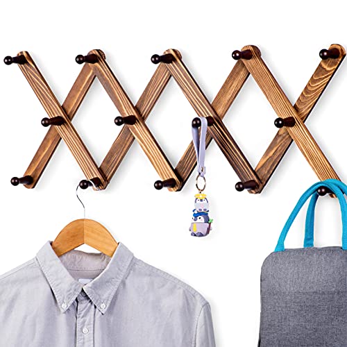AITUFIY Expandable Coat Rack Hanger Wooden Accordion Wall Mounted Retro Wood Hat Rack 14 Pegs Hooks Hang Jacket,Coffee Mugs,Caps,Leash,Towel,Belt,Umbrella,Scarf,Bag (Carbon Brown)