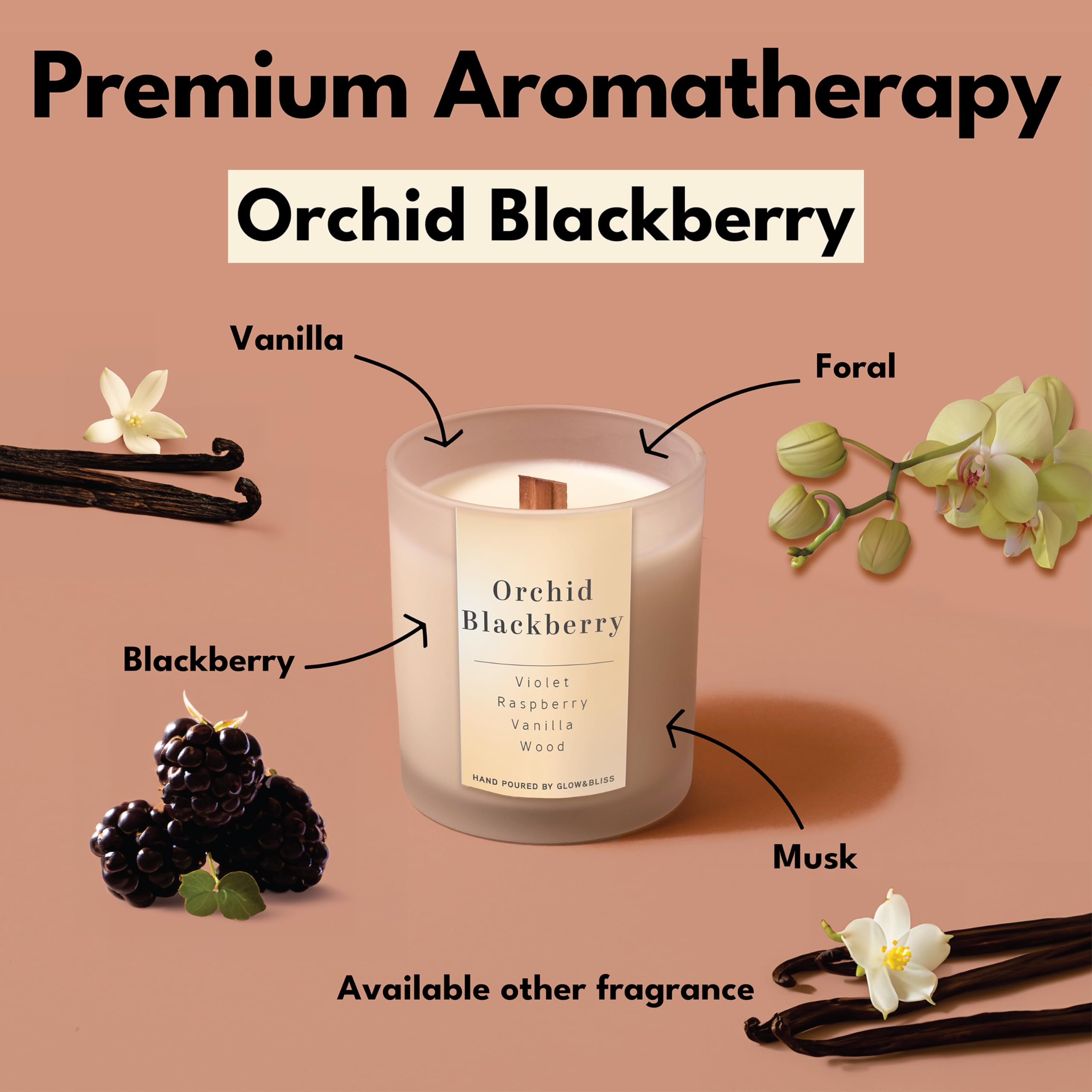 GLOW & BLISS Scented Candles - Jar Soy Candles for Home Scented, Wood Wicked Candles with 45-55 Hour Burn Time, Hand-Poured & All Natural Soy Coconut Wax - Orchid Black Berry (8 oz)