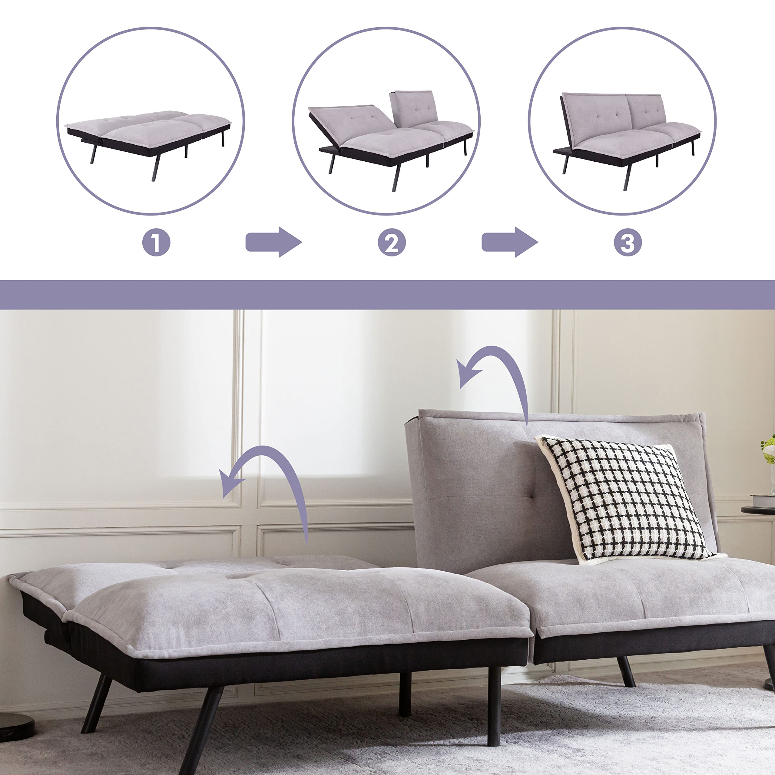 CH CHARME HOUSE Bed Convertible futon Couch with Adjustable Backrest, Modern Sleeper Sofa for Office Living Bedroom and Sitting Room, Small, Grey