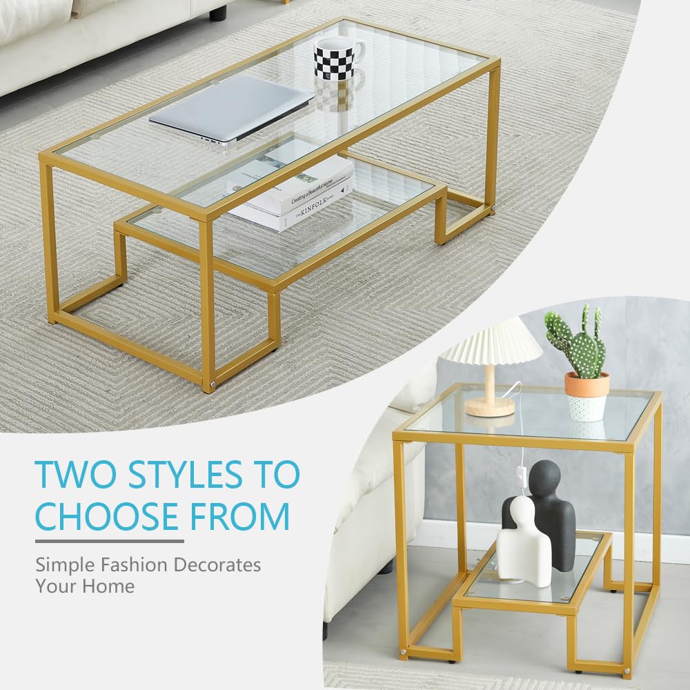 Golden Metal Glass Coffee Table - Two-Tiered with Tempered Glass, Stylish Metal Frame Coffee Table for Bedroom, Dining Room, Office Room.