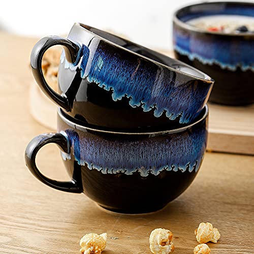 KOOV Ceramic Soup Mug, Soup Bowls with Handles Microwave Safe, 24 Ounce Jumbo Mug and Cereal Mugs Set of 4, Reactive Glaze (Nebula Blue)